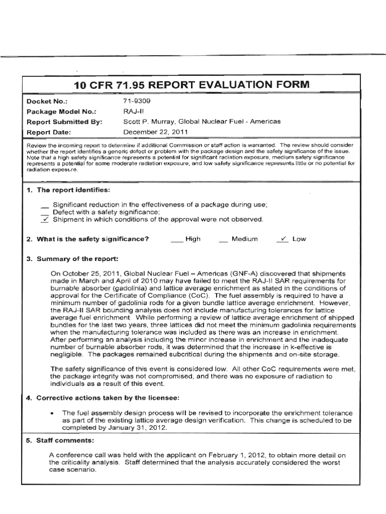 Fillable Online 10 CFR 71.95 Report Evaluation Form, Scott P. Murray ...