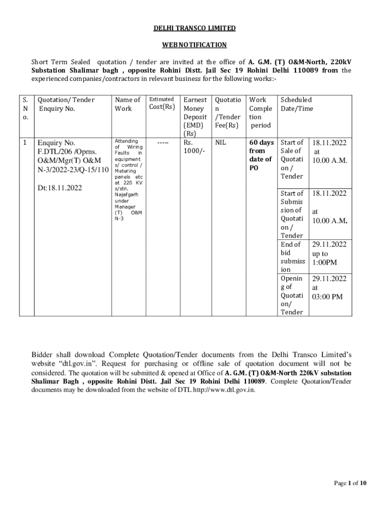 Fillable Online Short Term Sealed quotation / tender are invited at the ...