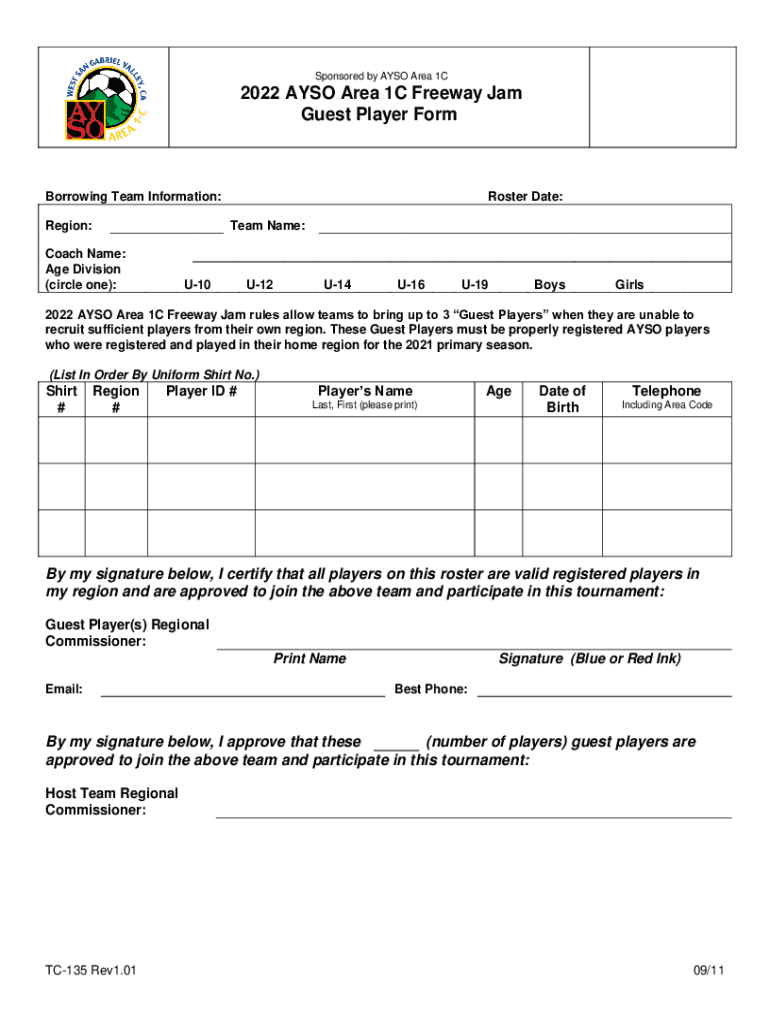 Fillable Online 2022 AYSO Area 1C Freeway Jam Guest Player Form Fax ...