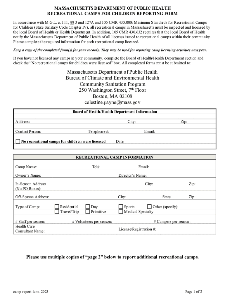 Fillable Online Boards of Health Reporting Form for Recreational Camps ...