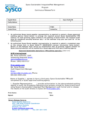 Fillable Online Sysco Sustainable Release Form IPM ... Fax Email Print ...