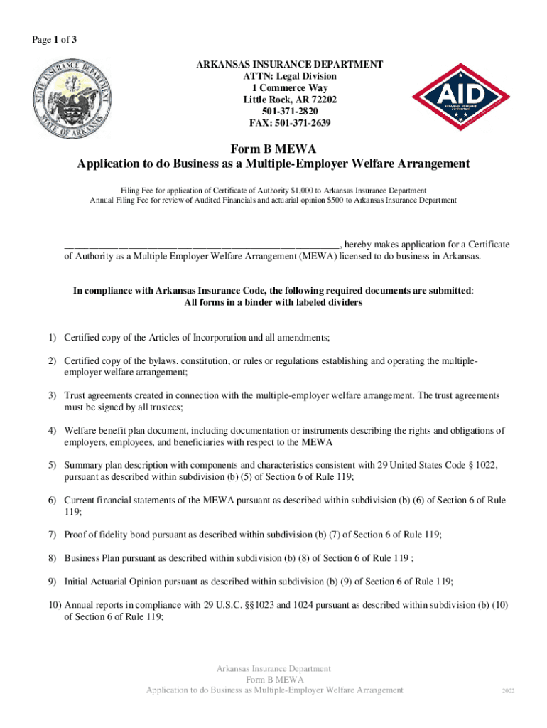 Fillable Online Form B MEWA Application to do Business as a Multiple ...