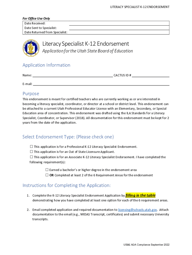 Fillable Online Literacy Specialist K-12 Endorsement - Application for ...