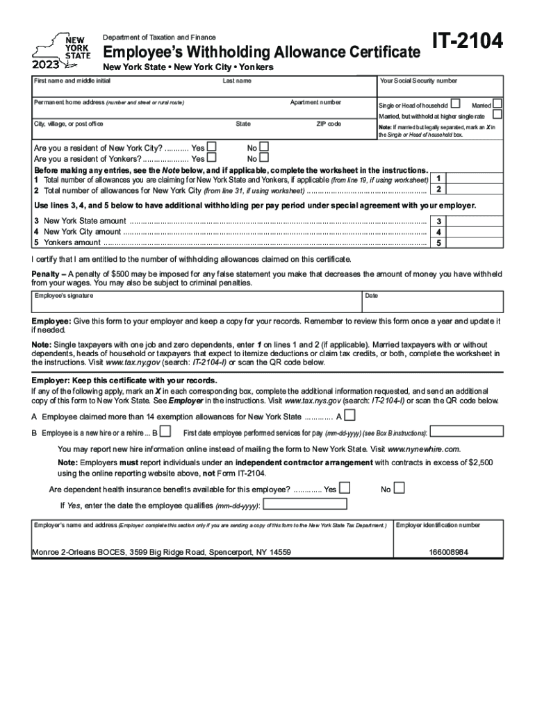 Fillable Online Bill Of Sale Form Ny It-2104 Employees Withholding ...