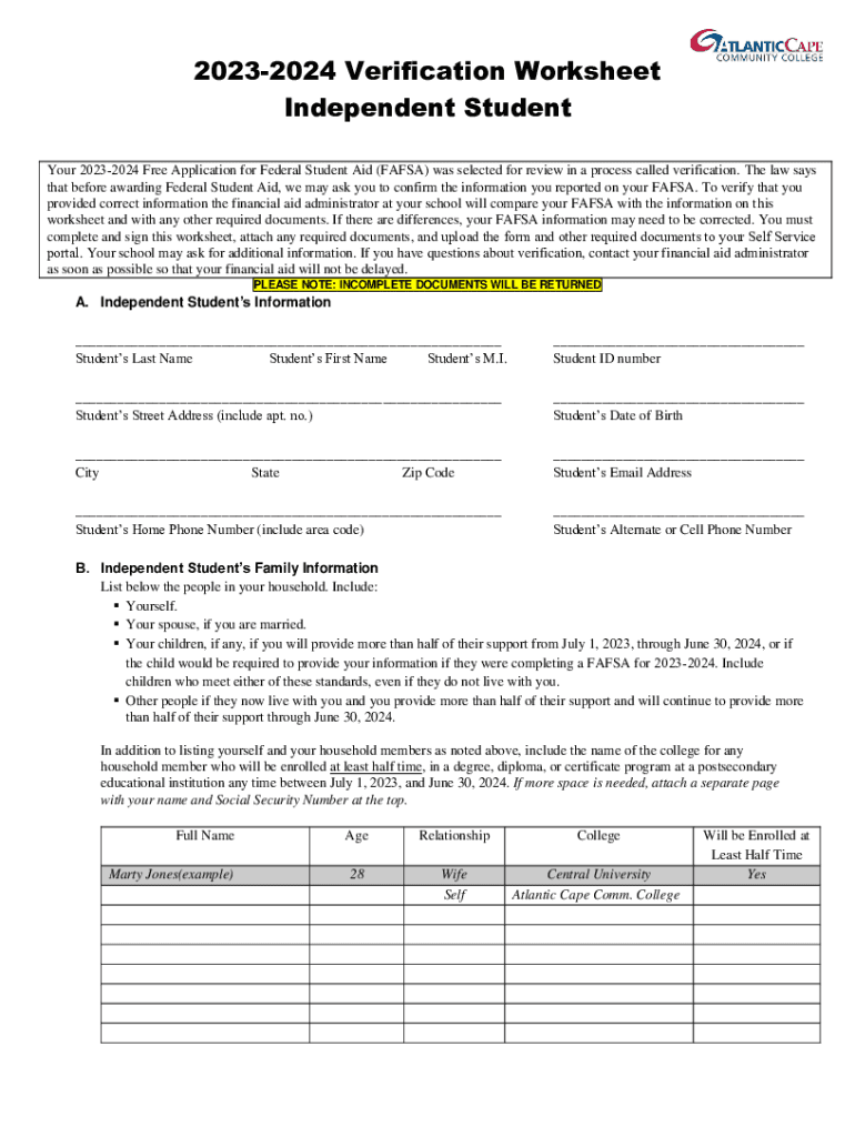 Fillable Online 2022-2023 Verification Worksheet Independent Student Upload. Verification ...