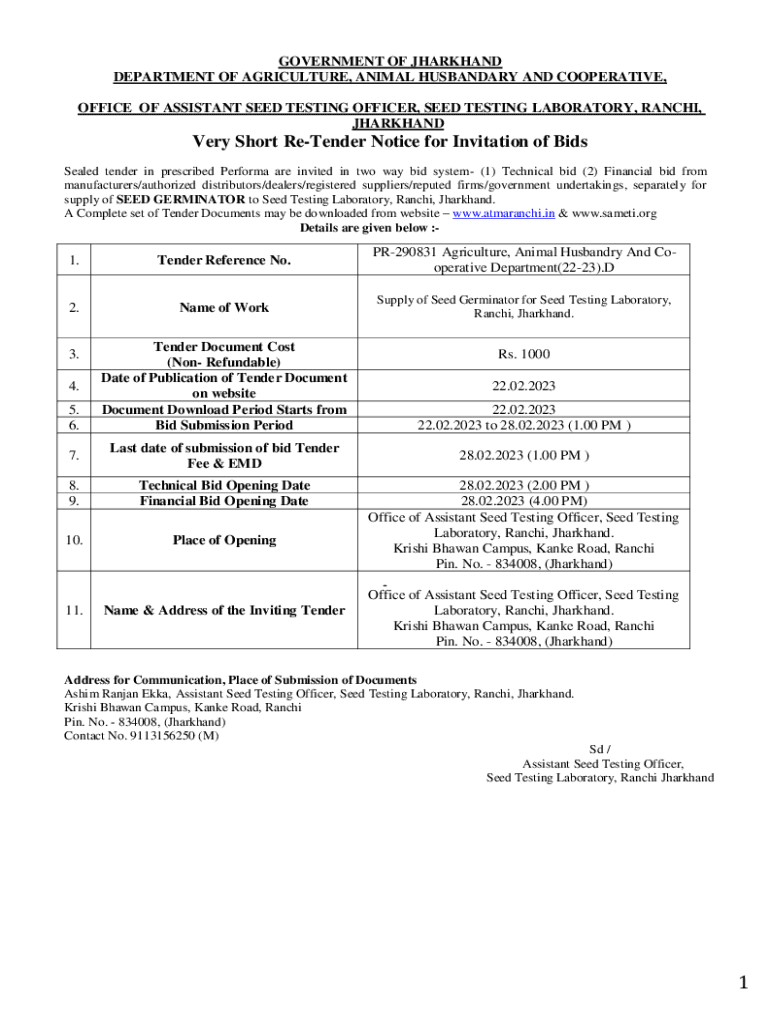 Fillable Online Very Short Re-Tender Notice for Invitation of Bids Fax ...