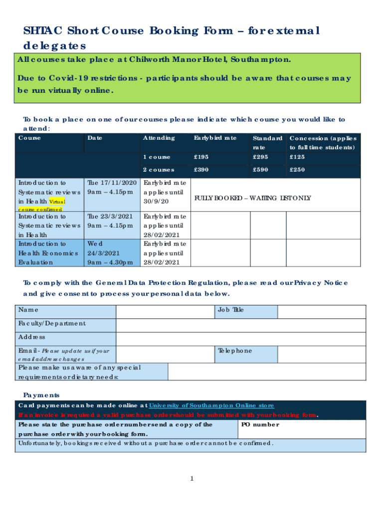 Fillable Online SHTAC Short Course Booking Form for external delegates ...