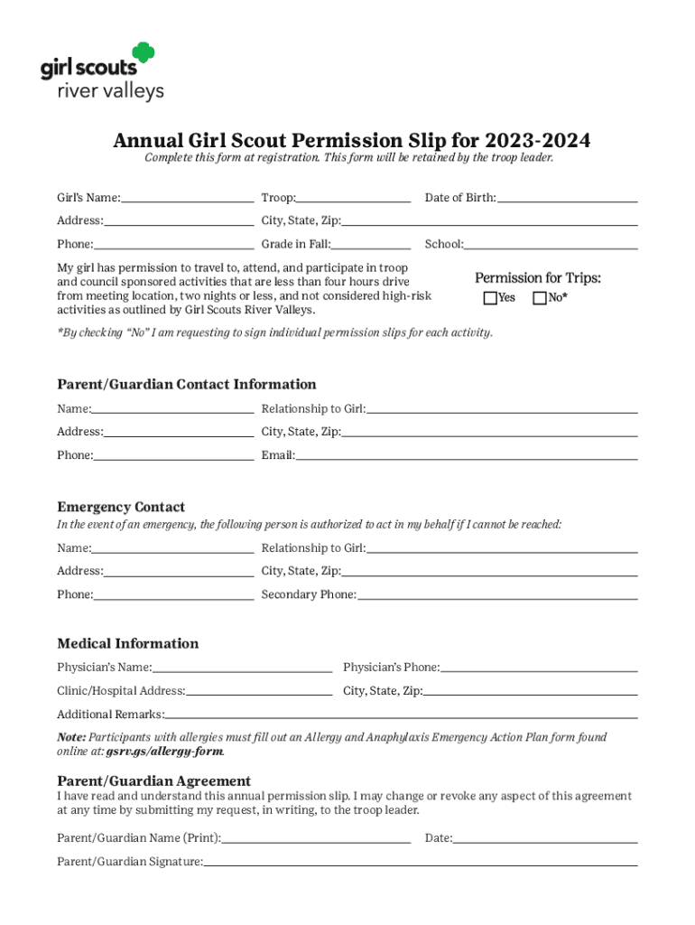 Fillable Online Troop Parental Permission for Girl Scout Year form Fax ...