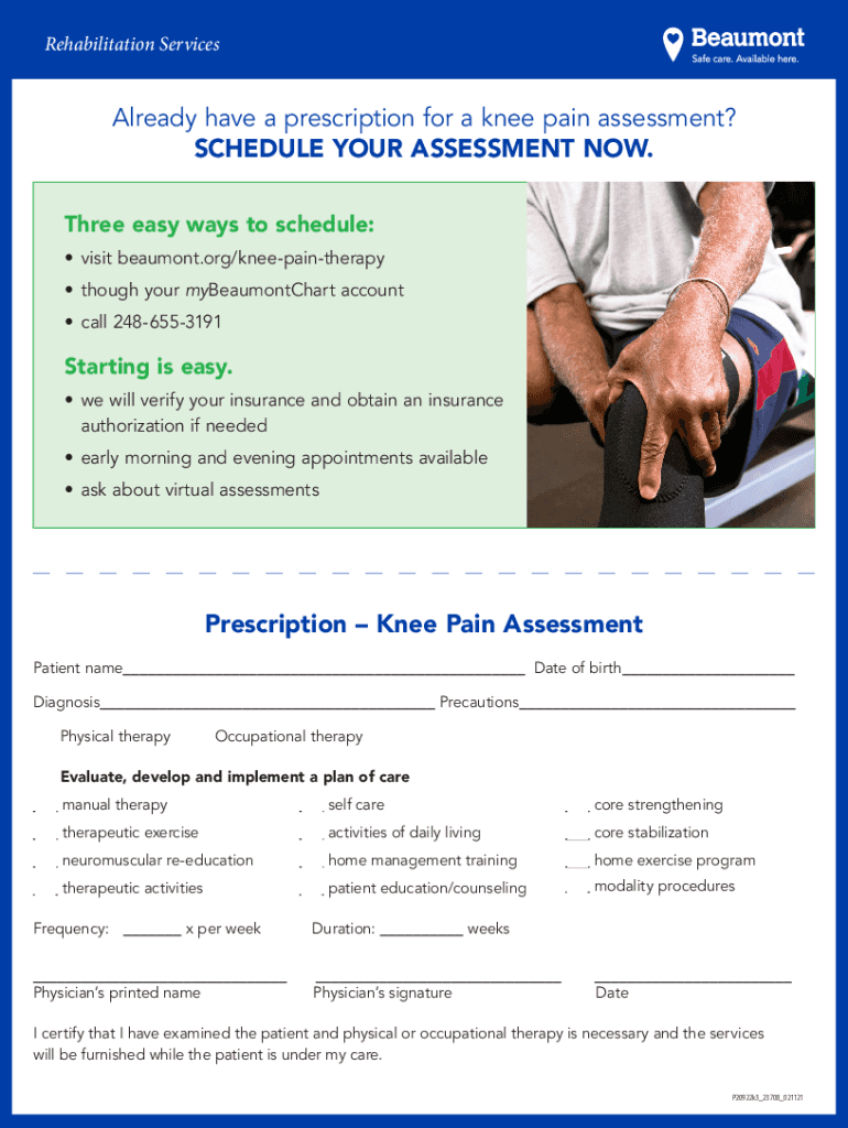 Fillable Online Prescription Knee Pain Assessment Already have a ...