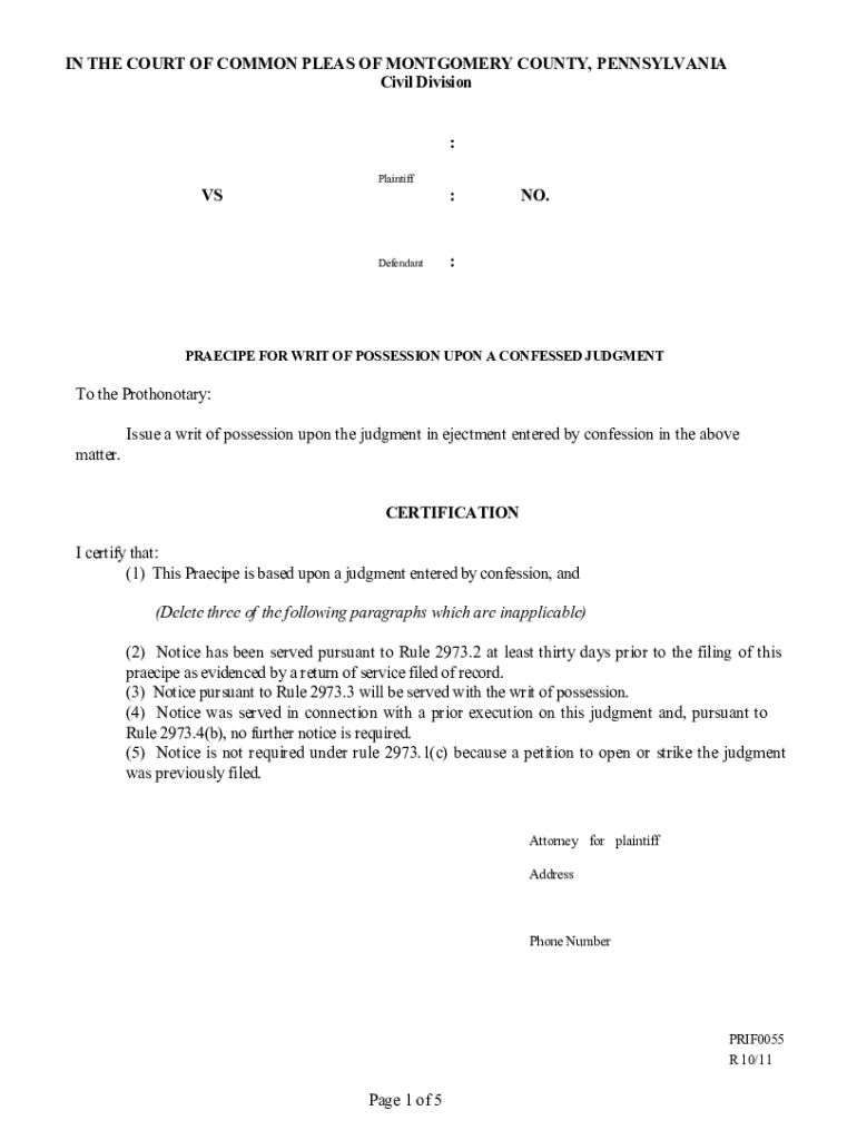 Fillable Online VS. : NO. : : PRAECIPE FOR WRIT OF EXECUTION UPON A Fax Email Print - pdfFiller