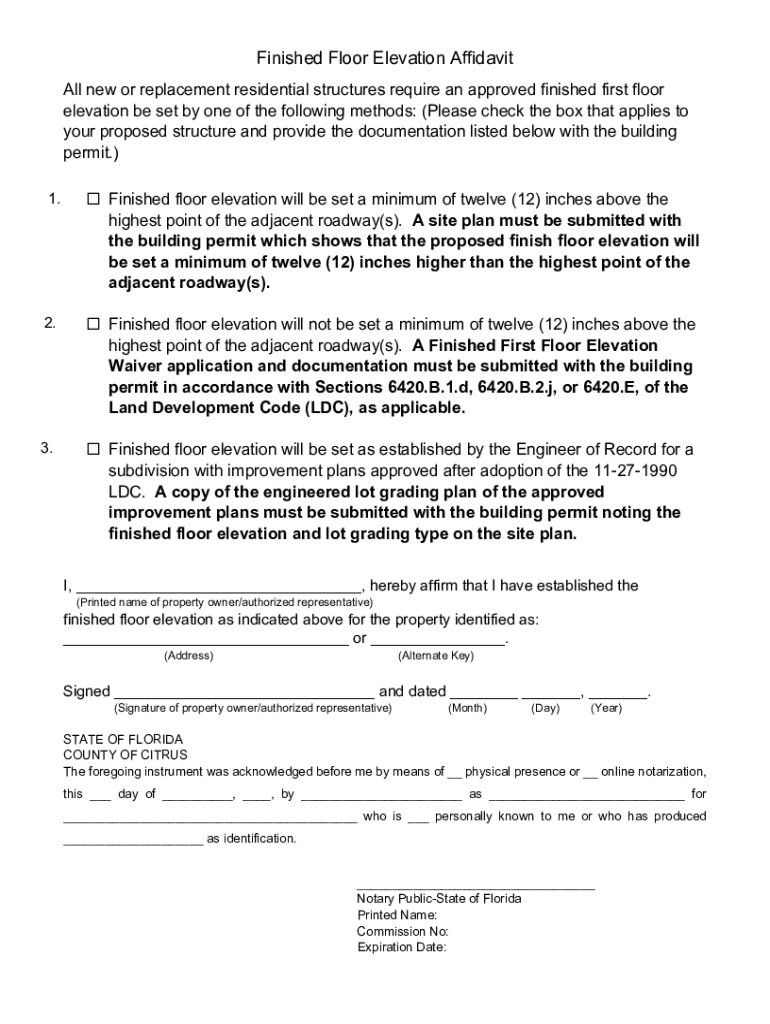 Fillable Online Finished Floor Elevation Affidavit (FFEA) Fax Email ...
