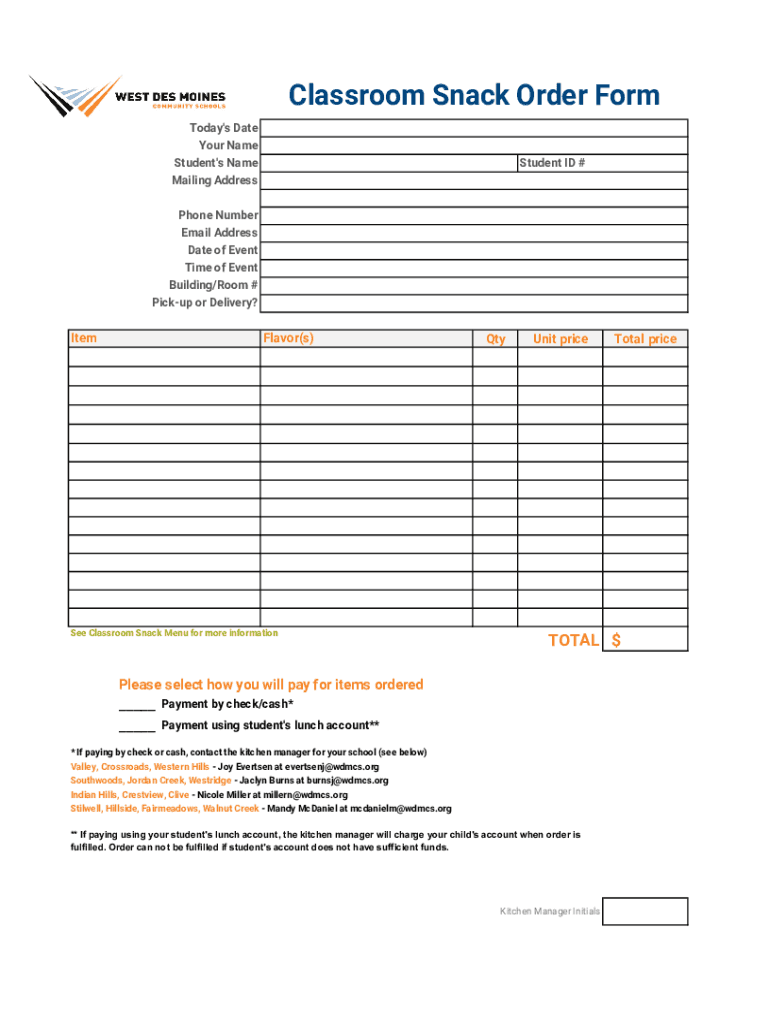 Fillable Online Classroom Snack menu and Order Form. ... Fax Email Print - pdfFiller