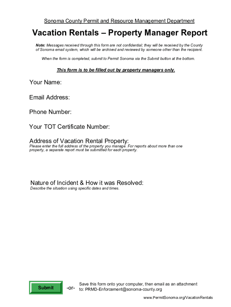 Fillable Online Vacation RentalsProperty Manager Report Form Fax Email ...