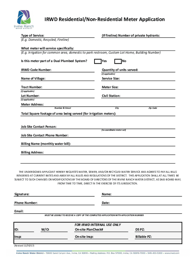 Fillable Online IRWD Residential/Non-Residential Meter Application ...