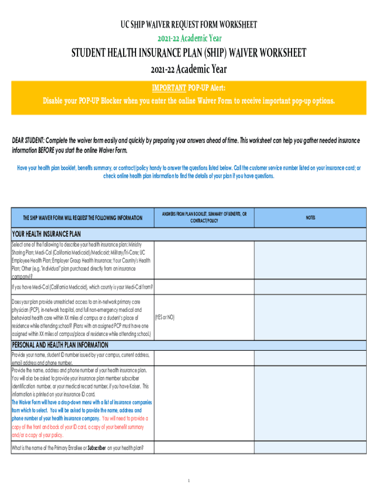 Fillable Online SHIP Waiver Instructions - University Health Services ...