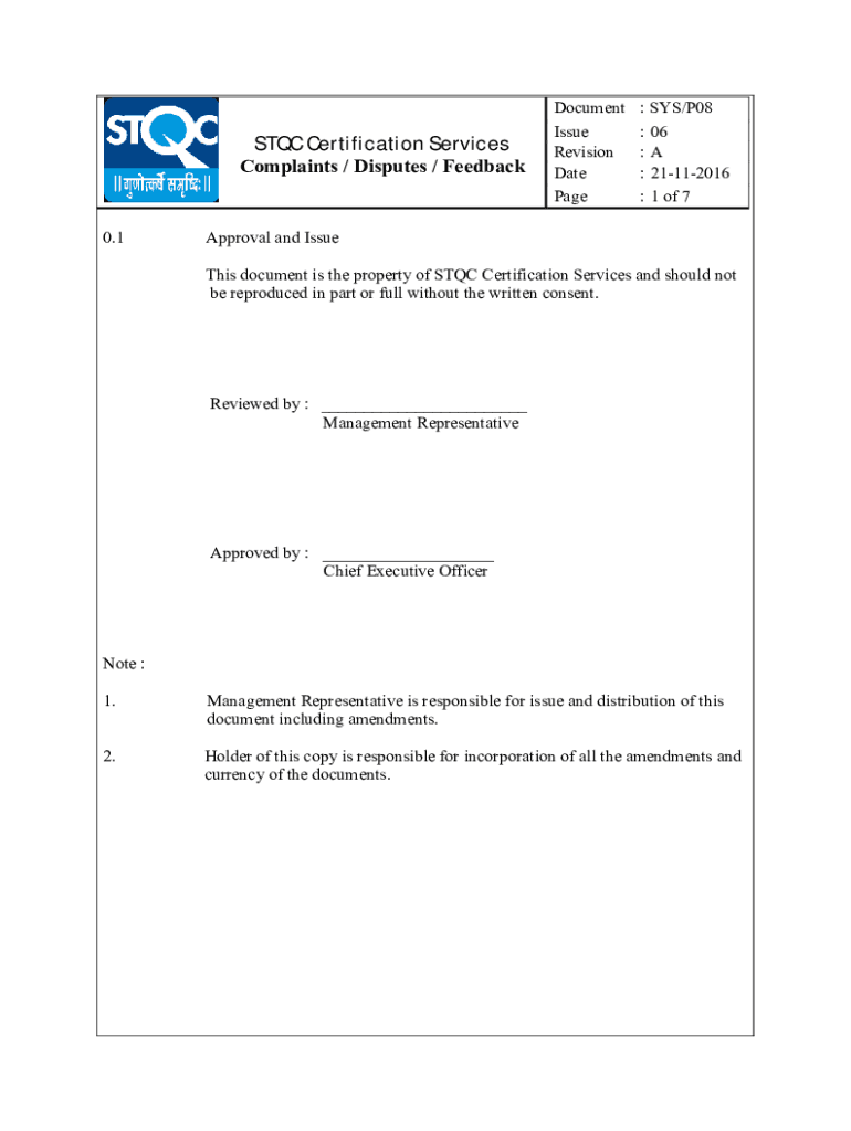 Fillable Online STQC IT Certification Services Complaints/Disputes Fax ...