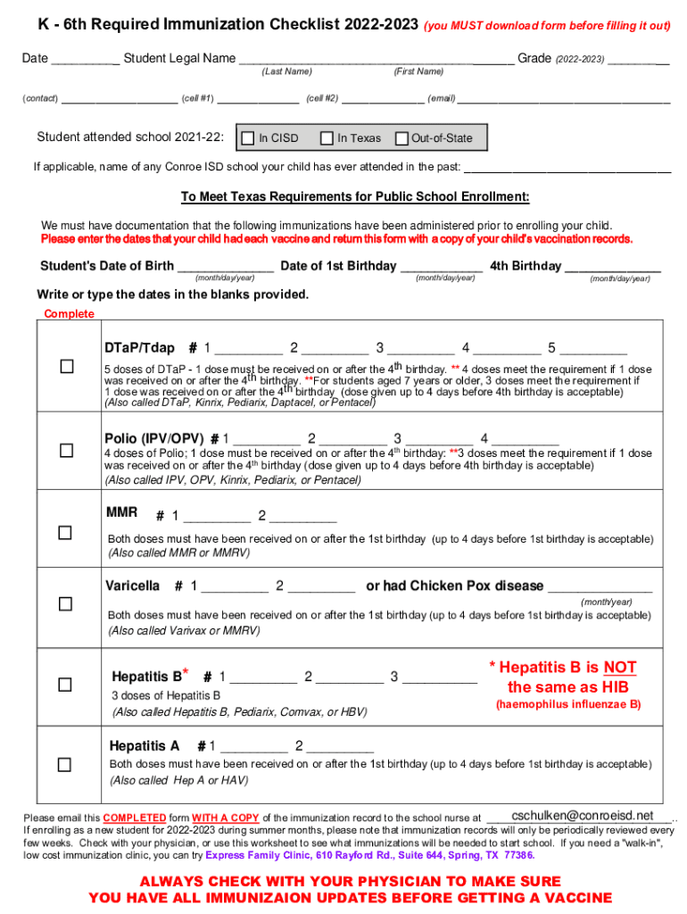 Fillable Online tough conroeisd 2022 - 2023 Texas Minimum State Vaccine ...
