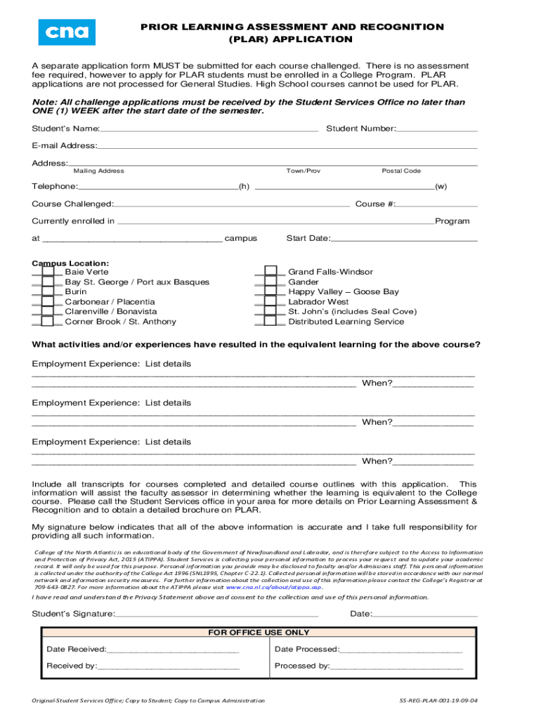 Fillable Online Prior Learning Assessment and RecognitionEnrolment ...