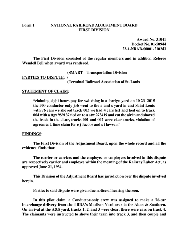 Fillable Online Form 1 NATIONAL RAILROAD ADJUSTMENT BOARD ... Fax Email ...