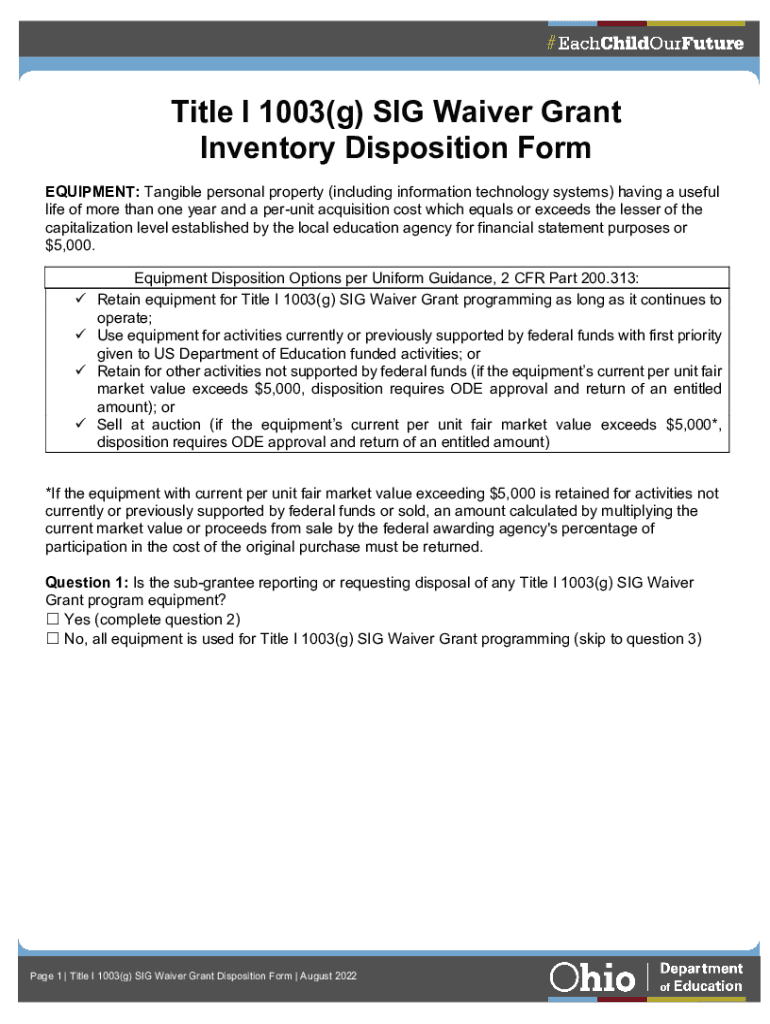 Fillable Online Title I 1003(g) SIG Waiver Grant Inventory Disposition ...