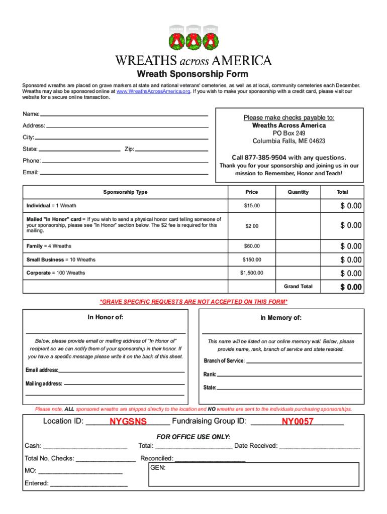 Fillable Online Wreath-Sponsorship Form Fax Email Print - pdfFiller
