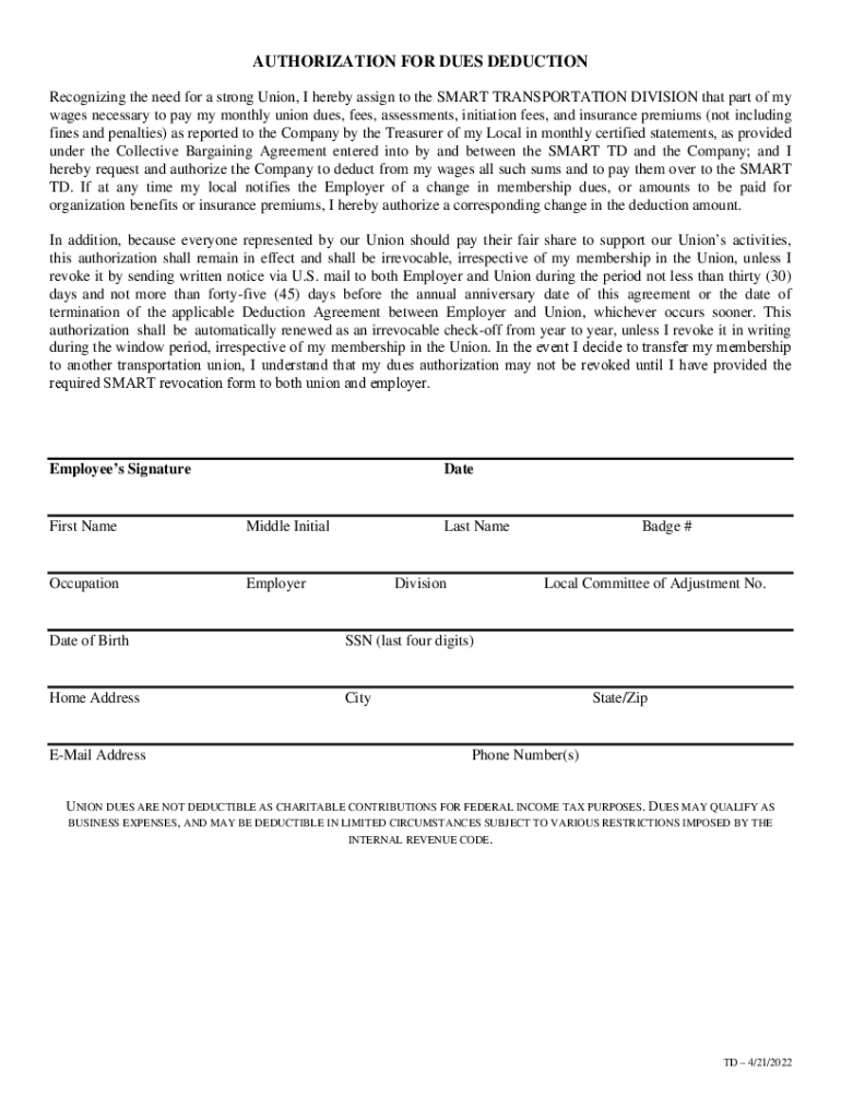 Fillable Online AUTHORIZATION FOR DEDUCTION OF UNION DUES ... Fax Email ...