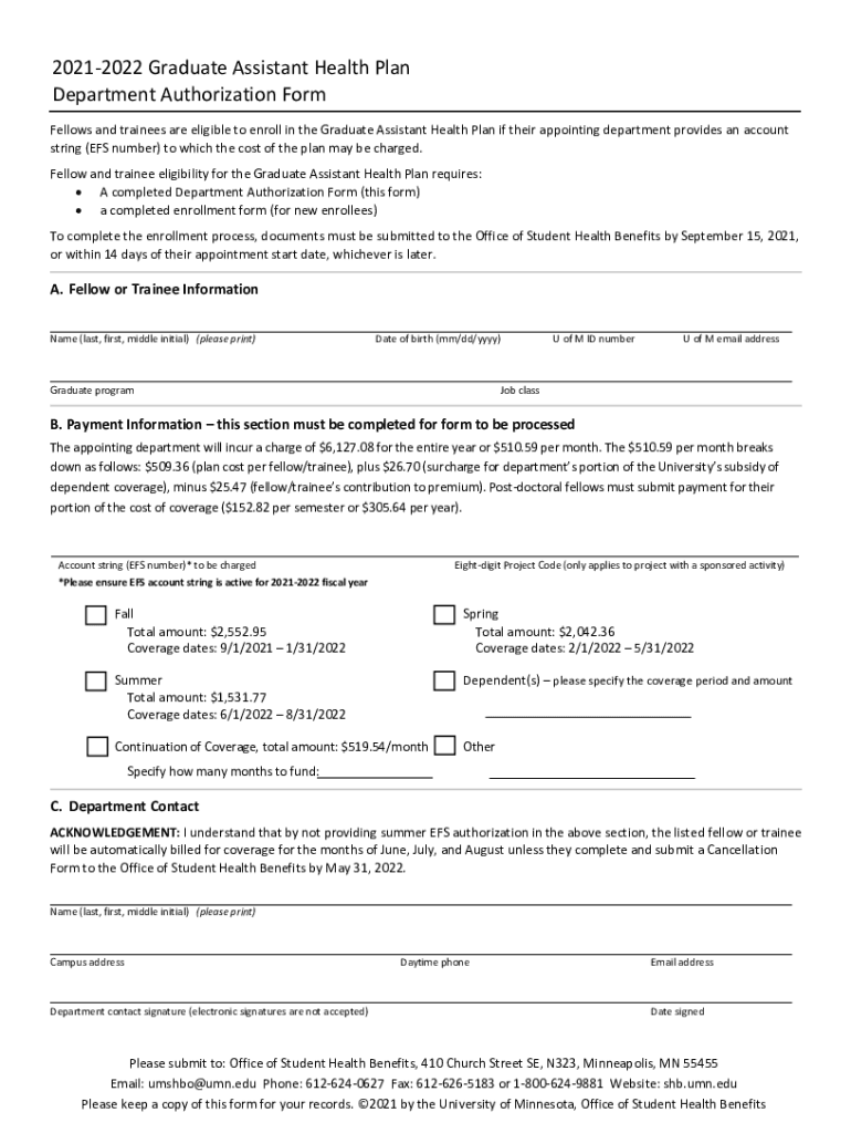 Fillable Online shb umn 2021-2022 GAHP Department Authorization Form ...