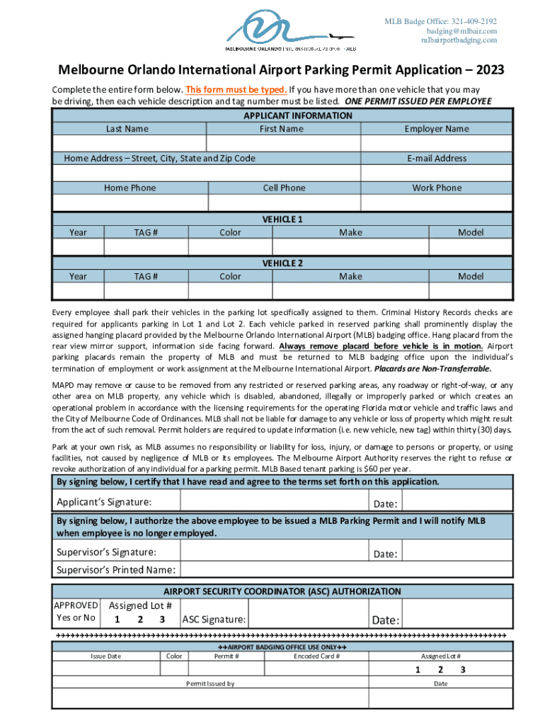 Fillable Online Melbourne Orlando International Airport Parking Permit ...