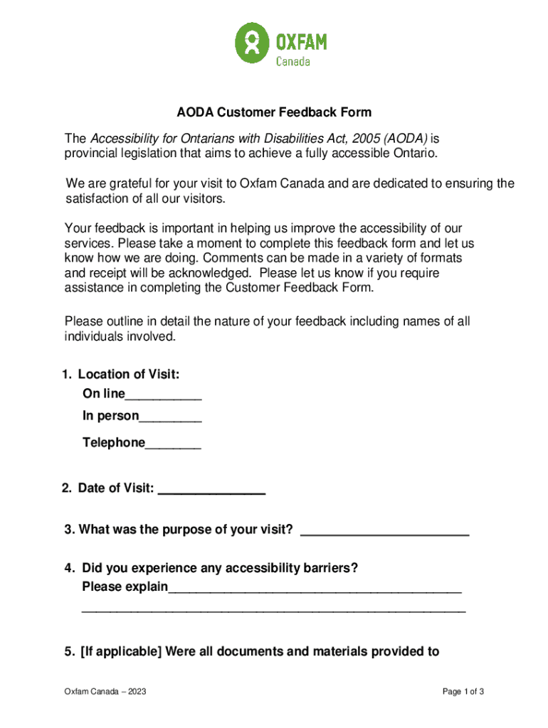 Fillable Online AODA Customer Feedback Form The Accessibility for ...
