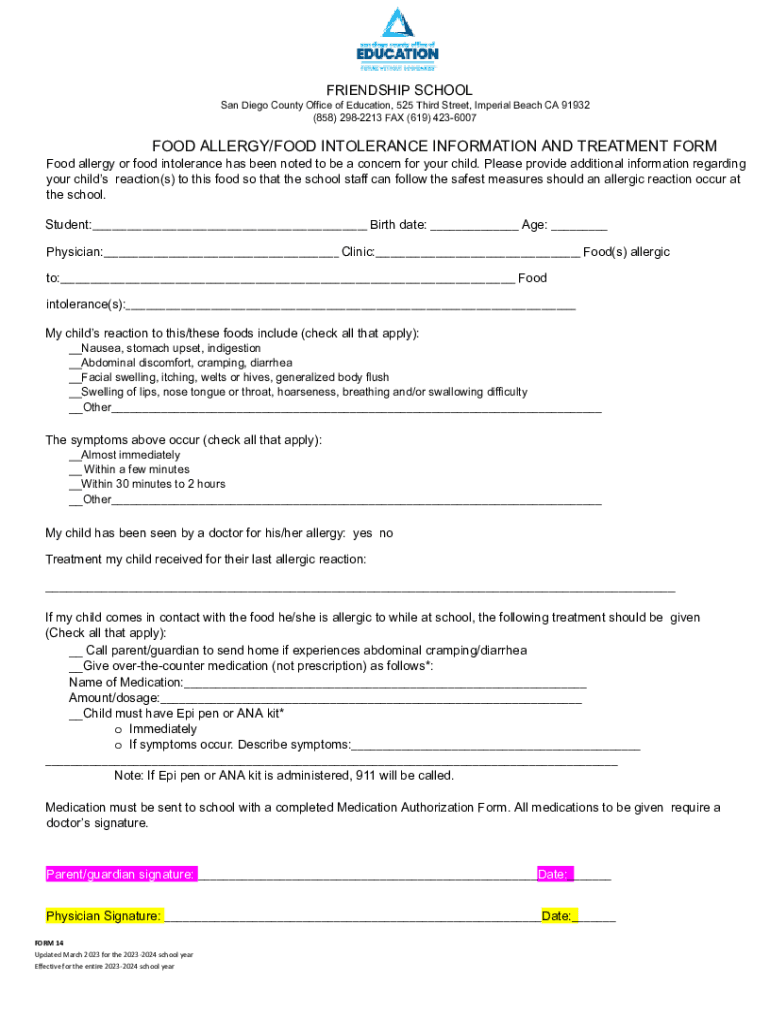 Fillable Online food allergy/food intolerance information and treatment ...