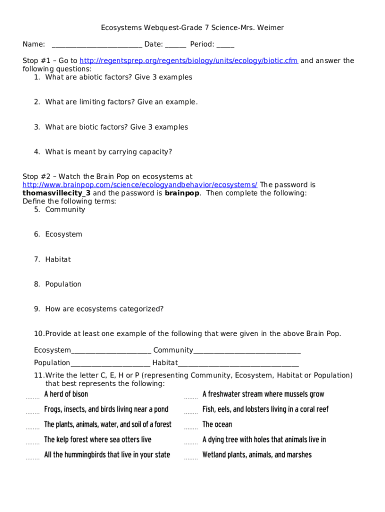 Ecosystems Webquest-Grade 7 Science-Mrs Doc Template | pdfFiller