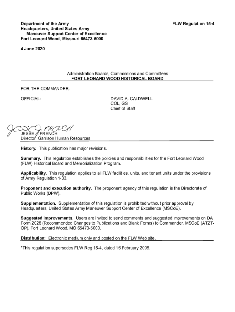 Fillable Online Department of the Army FLW Regulation 15-4 Headquarters ...