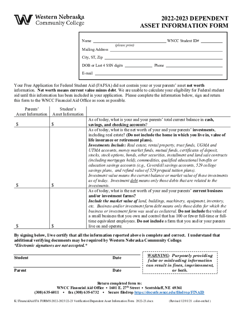 Fillable Online Dependent Asset Information Form2022-23 Fax Email Print ...