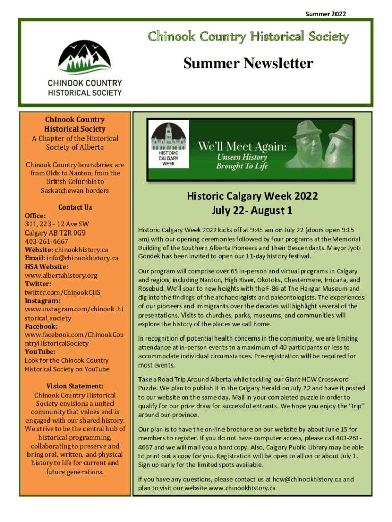 Fillable Online Chinook Country Historical Society Summer Newsletter ...