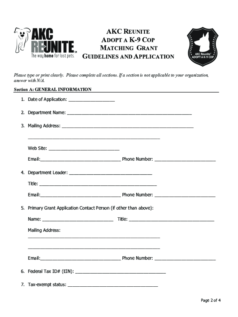 Fillable Online AKC REUNITE AWARDS 200TH GRANT FOR ADOPT A K- ... Fax ...