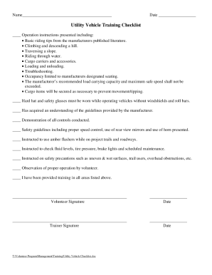 Fillable Online corpslakes erdc dren Utility Vehicle Training Checklist ...