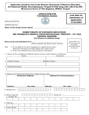 Fillable Online spmvv ac P.G, Diploma Admission Application Fax Email ...