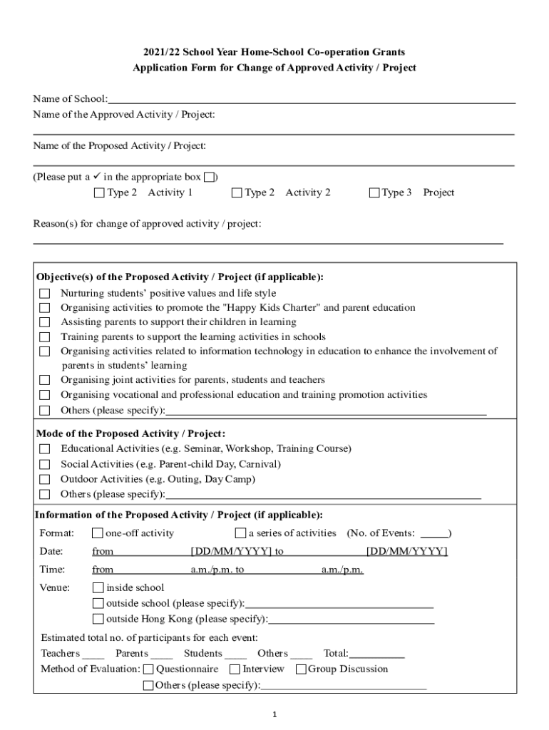 Fillable Online 2021/22 School Year Home-School Co-operation Grants Application Form for Change ...