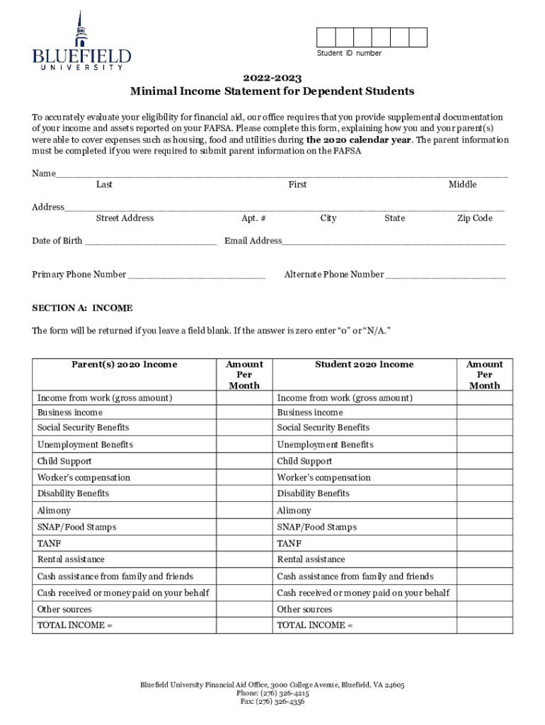 Fillable Online 2022-2023 Minimal Income Statement for Dependent ... Fax Email Print - pdfFiller