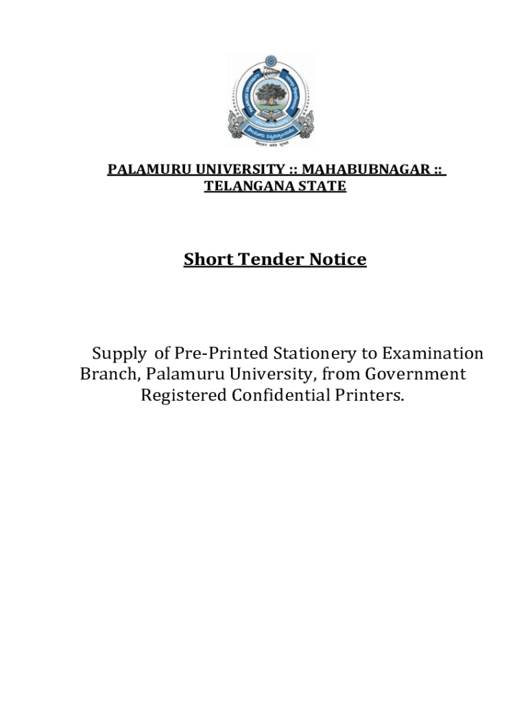 Fillable Online palamuruuniversity ac Short Tender Notice Supply of Pre ...