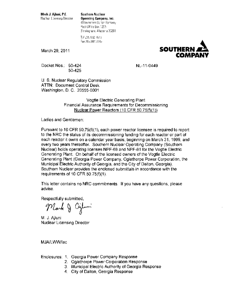 Fillable Online Vogtle - Financial Assurance Requirements for ...