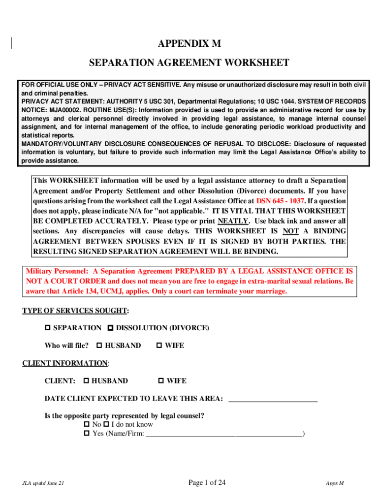 Fillable Online APPENDIX M SEPARATION AGREEMENT WORKSHEET Fax Email ...