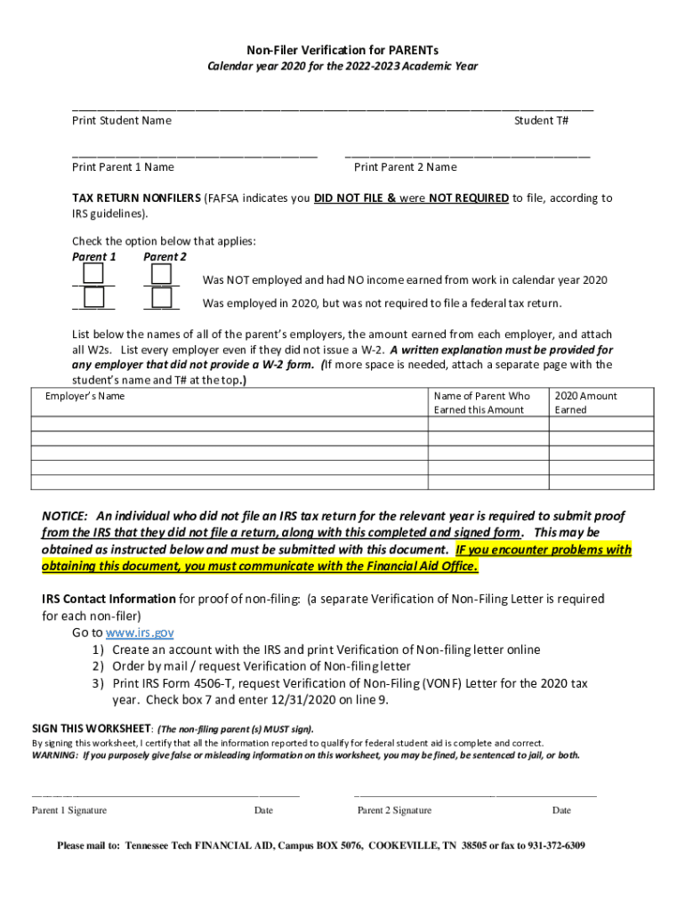 Fillable Online Non-Filer Verification for PARENTs Fax Email Print ...