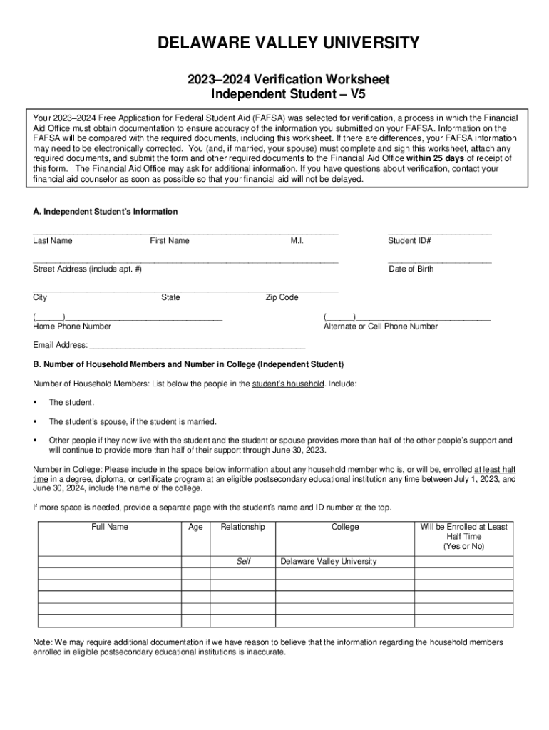 Fillable Online 20232024 Verification Worksheet Independent StudentV5 ...