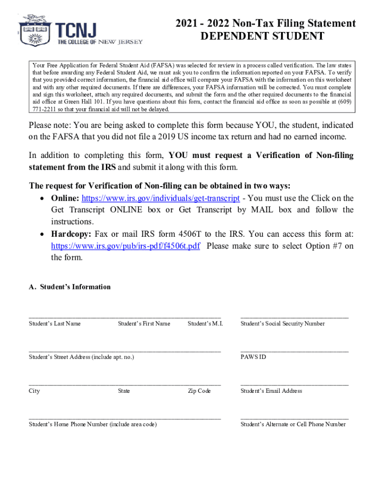 Fillable Online 21 22 Non-Tax Filer Statement DEPENDENT STUDENT with ...