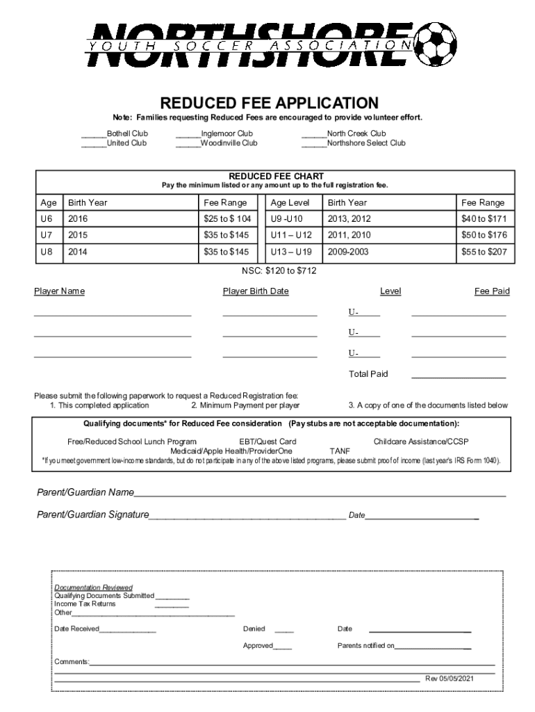 Fillable Online REDUCED FEE APPLICATION - Northshore Select Soccer Fax ...