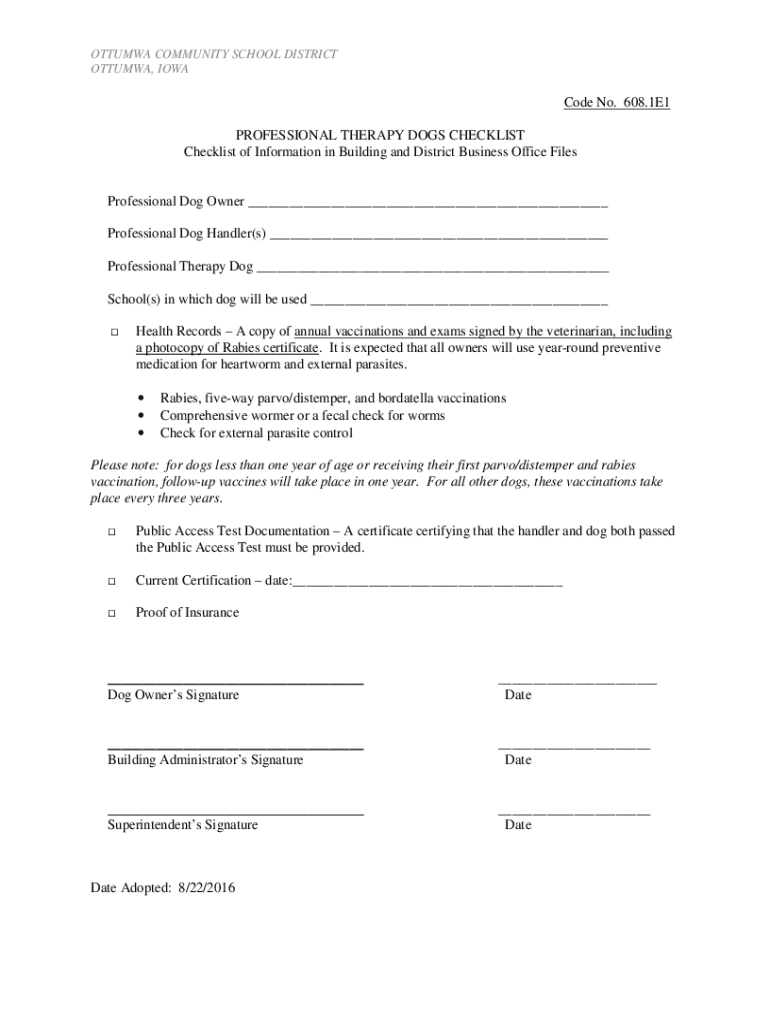 Fillable Online Code No. 608.1E1. Professional Therapy Dogs Checklist ...