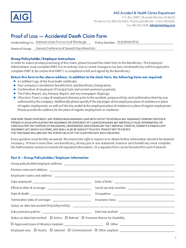 Fillable Online Accident & Health Report a Claim FormAIG Insurance Fax ...