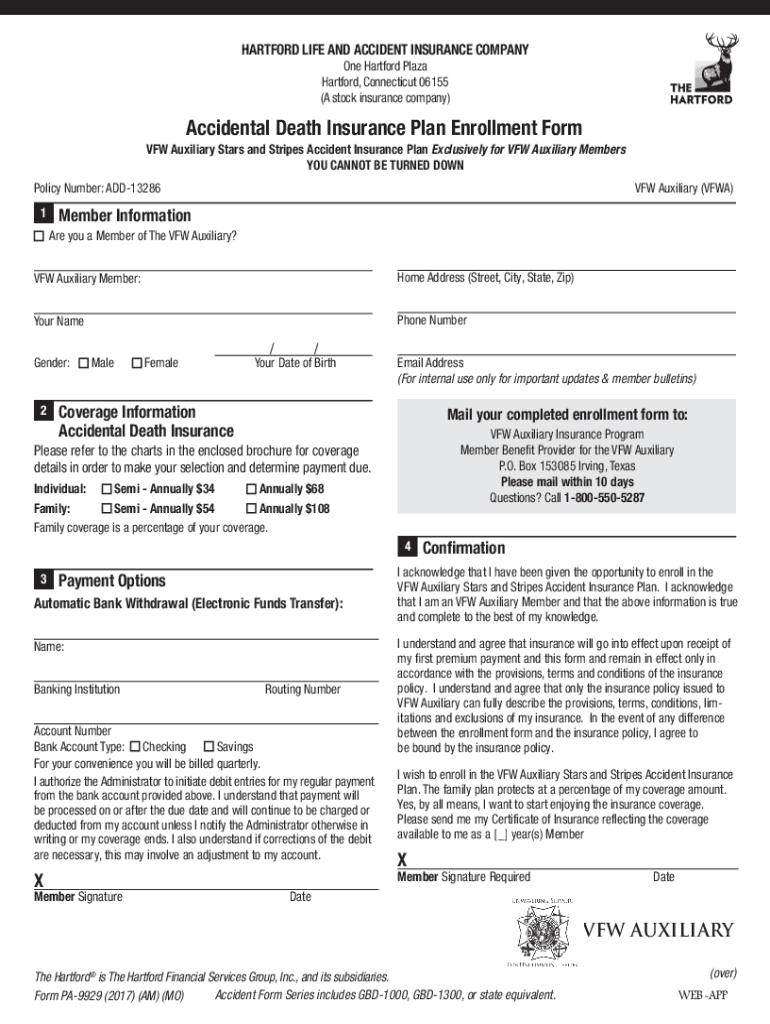 Fillable Online Accidental Death Insurance Plan Enrollment Form - VFW ...