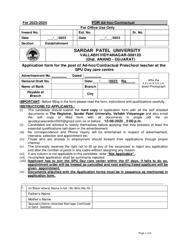 Fillable Online GUJARAT) Application form for the post of Ad-hoc ...